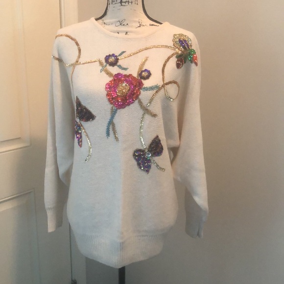 Vintage | Sweaters | Vintage 8s 90s Slouchy Retro Flower Sequined Bling ...
